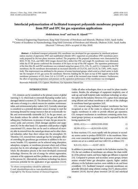 Pdf Interfacial Polymerization Of Facilitated Transport Polyamide