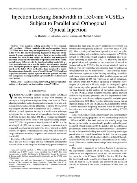 Pdf Injection Locking Bandwidth In 1550 Nm Vcsels Subject To Parallel And Orthogonal Optical