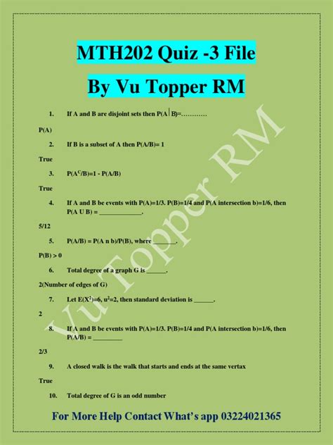 Mth202 Quiz 3 By Vu Topper Rm Pdf Random Variable Mathematical Proof