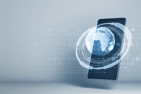 모형 장소와 함께 콘크리트 벽 배경에 창조적 인 빛나는 지구 홀로그램과 스마트 폰의 클로즈업 메타버스 장치 지도 및 글로벌 네트워크 개념 3d 렌더링 0명에 대한 스톡 사진