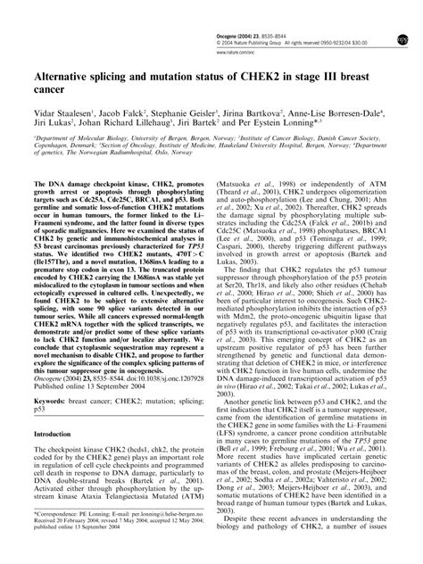 Pdf Alternative Splicing And Mutation Status Of Chek2 In Stage Iii