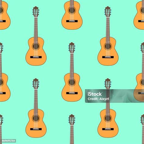 밝은 파란색 배경에 완벽 한 클래식 어쿠스틱 기타 패턴입니다 음악 악기입니다 평면 벡터 일러스트 레이 션 디자인 기타 현악기에 대한 스톡 벡터 아트 및 기타 이미지 Istock