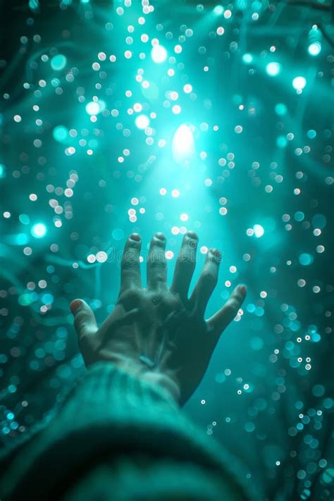 Human And Robotic Hands Reaching Through Digital Data Streams Towards Each Other Stock