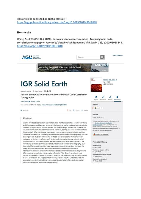Pdf Seismic Event Coda‐correlation Toward Global Coda‐correlation Tomography