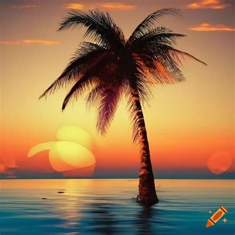 Absolutely Gorgeous Stunning Beautiful Beach Scene At Sunset One Palm Tree On The Left On Craiyon