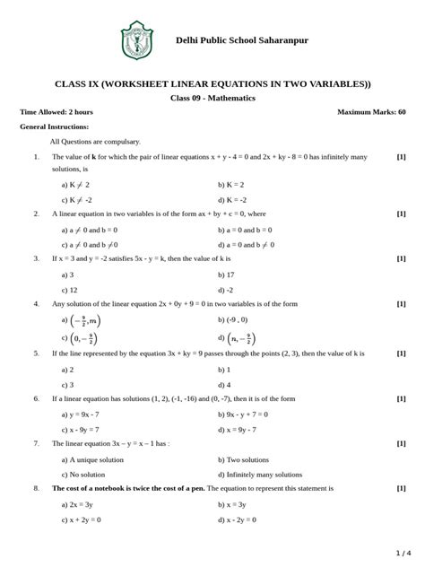 Class 9 Linear Equations Worksheet Pdf Equations Cartesian