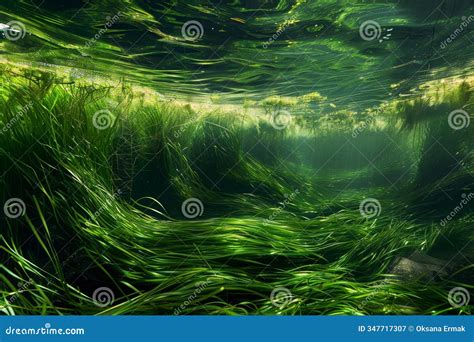Underwater Grass Long Seaweed In Dark River Water Overgrown Stream