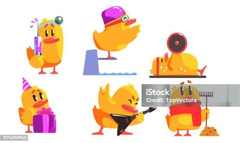 다양한 상황 세트에서 재미 노란색 인간화 치킨 귀여운 조류 만화 캐릭터 활동 벡터 일러스트 0명에 대한 스톡 벡터 아트 및 기타 이미지 Istock