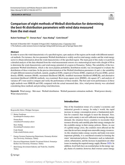 Comparison Of Eight Methods Of Weibull Distribution For Determining The Best Fit Distribution