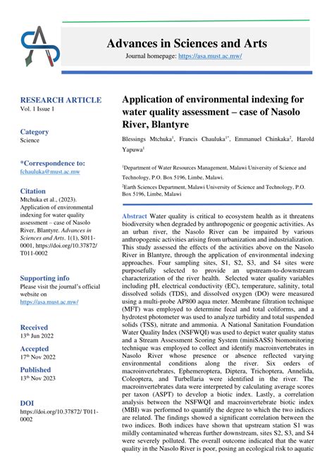 Pdf Application Of Environmental Indexing For Water Quality Assessment Case Of Nasolo River
