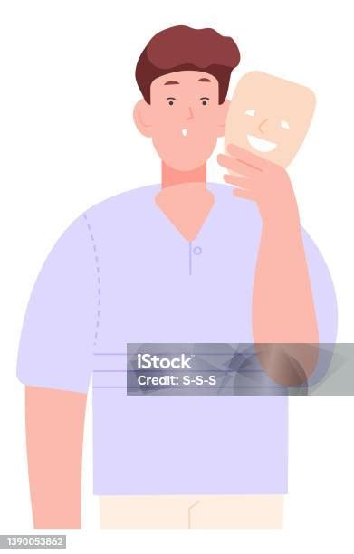 웃는 가면을 쓴 남자 사회적 의사 소통을위한 가짜 긍정적 인 분위기 감정에 대한 스톡 벡터 아트 및 기타 이미지 감정