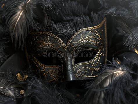 A Gold And Black Carnival Mask With Gold Beige Feathers And Light