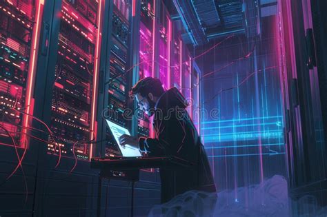 A Hacker Types Furiously On A Laptop Illuminated By Vibrant Neon