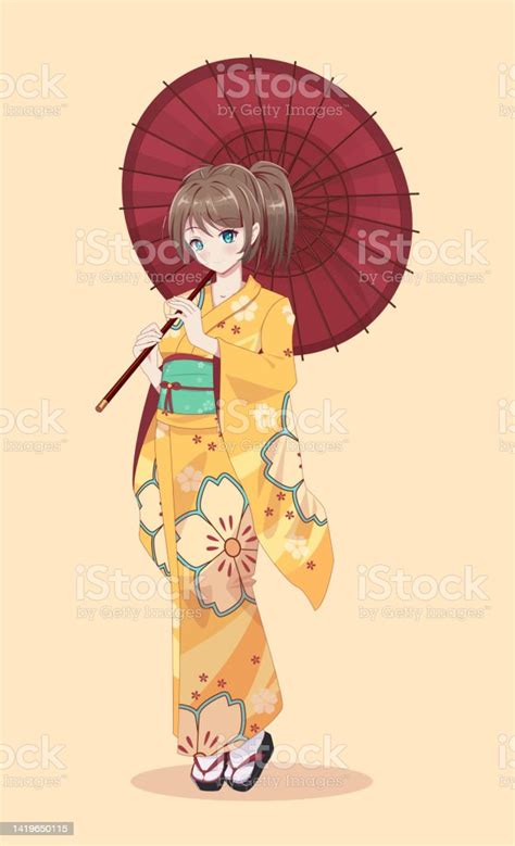종이 우산을 들고 일본 전통 기모노 의상을 입은 애니메이션 만화 소녀 격리된 배경에 대한 벡터 일러스트 레이 션 기모노에 대한