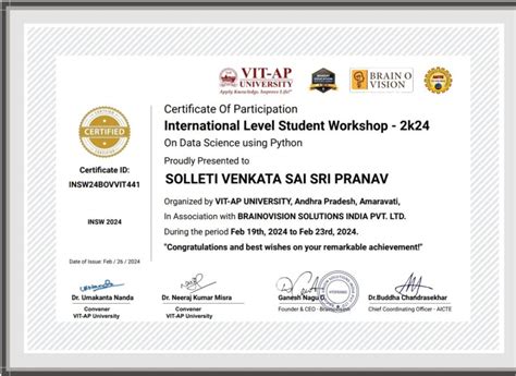 sri pranav solleti on linkedin datascience python certification brainovision learningjourney