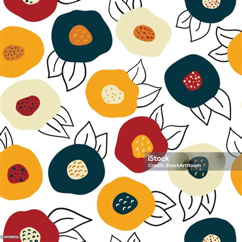 벡터 완벽 한가 낙서 꽃 패턴을 반복합니다 흰색 바탕에 추상 Florals 빨강 금 및 파랑 스칸디나비아 스타일이 색상 디지털