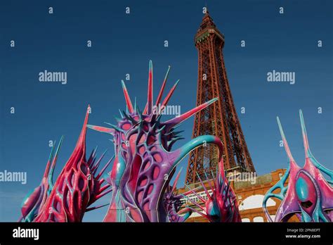 Odyssey Sculpturesblackpool Tower And Modern Futuristic Art Installations Blackpool Uk Stock