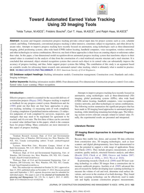 2013 Toward Automated Earned Value Tracking Using 3d Imaging Tools Journal Of Construction