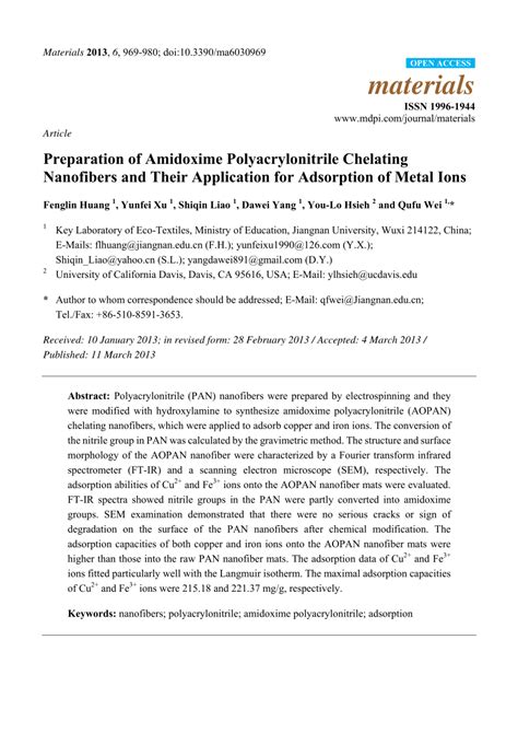 Pdf Preparation Of Amidoxime Polyacrylonitrile Chelating Nanofibers And Their Application For