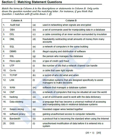 solved section c matching statement questions match the