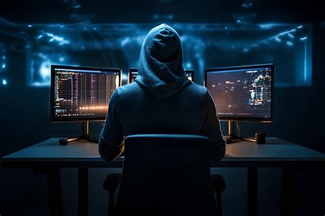 Premium Photo Hacker In Dark Room Internet Crime Concept Generative Ai