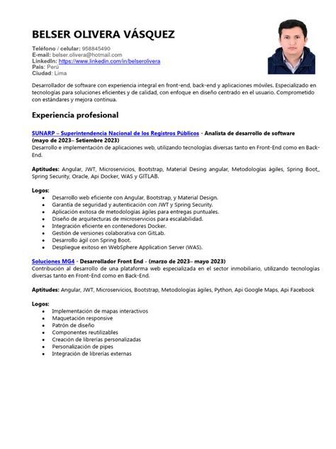 Cv Belser Olivera Desarrollador De Software Pdf Software De La Aplicacion Php