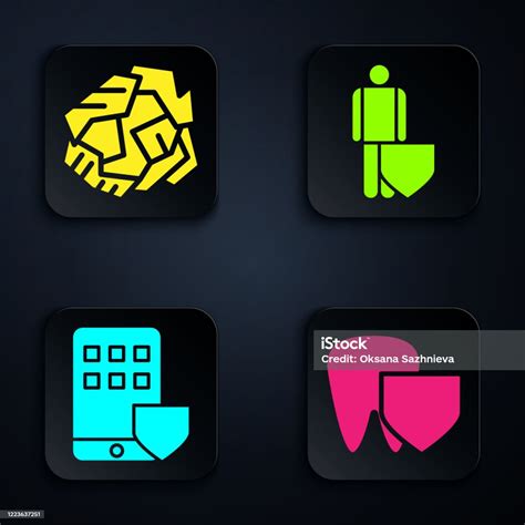 방패 구겨진 종이 공 스마트 폰 보험 및 방패와 생명 보험으로 치아를 설정합니다 검은 정사각형 버튼 벡터 개념에 대한 스톡 벡터 아트 및 기타 이미지 Istock