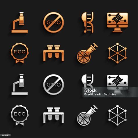 시험관과 플라스크 유전 공학 변형 Gmo 유전자 변형 오렌지 친환경 건강 식품 라벨 닭고기 현미경 및 아이콘 없음을 설정합니다 벡터 0명에 대한 스톡 벡터 아트 및 기타