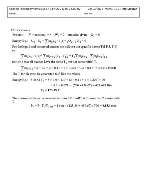 Thermodynamics Quiz 3 Sectiona Solution Pdf