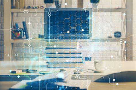 데스크톱 컴퓨터 및 기술 테마 홀로그램의 멀티 노출 소프트웨어 개발의 개념 0명에 대한 스톡 사진 및 기타 이미지 0명