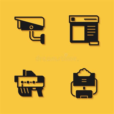 Set Security Camera Cloud Database Futuristic Weapon And Browser Window Icon With Long Shadow