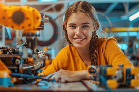 Smiling Young Woman Engineer Working Robotics Futuristic Technology Concept Industrial