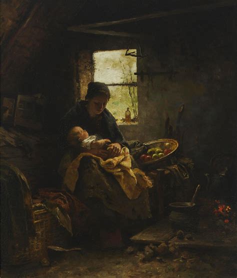 Mother Cradling Her Sleeping Baby In A Kitchen Interior 1901 Oil