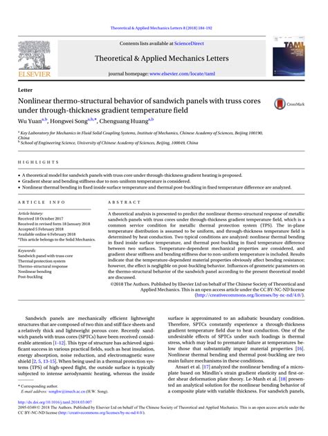 Pdf Nonlinear Thermo Structural Behavior Of Sandwich Panels With Truss Cores Under Through