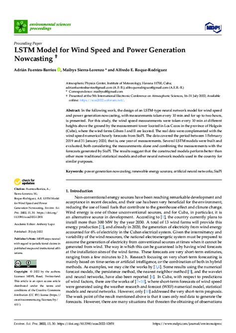 Pdf Lstm Model For Wind Speed And Power Generation Nowcasting
