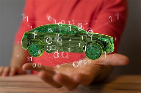 3d Rendered Hologram Of A Car With Binary Numbers Hovering Over A Hand