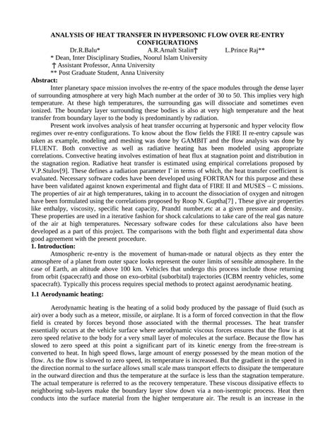 Pdf Analysis Of Heat Transfer In Hypersonic Flow Over Re Entry Configurations