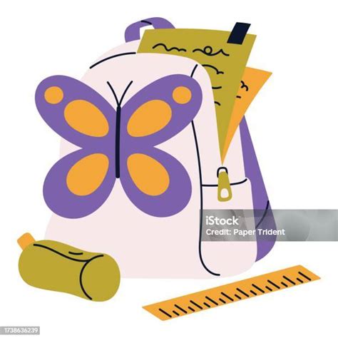 지퍼 학교 가방 화려한 포장 가방에 어린이 배낭 나비가 있는 어린이 책가방 문구류 학습용품 필통 자 종이 흰색으로 분리된 플랫