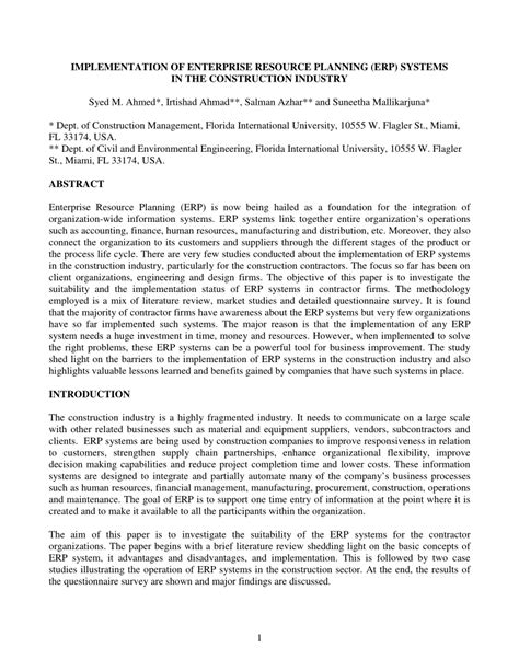 PDF Implementation Of Enterprise Resource Planning ERP Systems In The Construction Industry