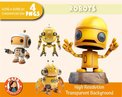 Cute 3d Robot Clipart Set High Resolution Pngs 4 Different Characters Downloadable Files High