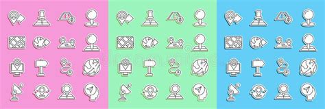 Set Line Map Marker With Human Satellites Orbiting The Earth Folded Map Location Toll Road
