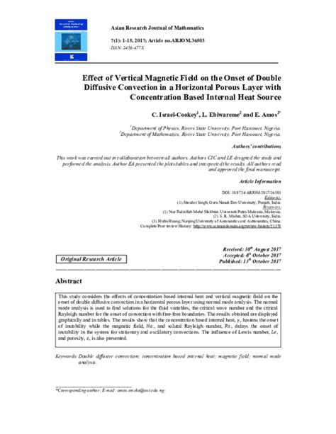 Pdf Effect Of Vertical Magnetic Field On The Onset Of Double