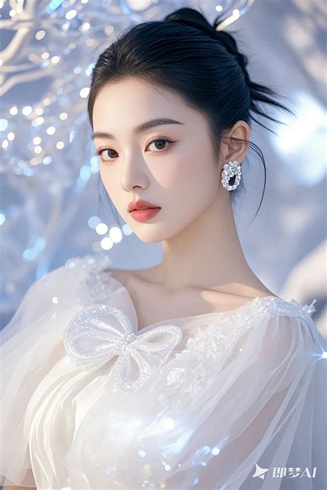 美丽的模特，东方女生，温柔，气质，高定礼服，甜美，唯美意境，高级感，面部细节完美，人物细节精致，清透，奇幻的光影，细腻的光泽，磨砂质感，高级感背景，艺术感背景，高级感色调，高度细节，白色高级感