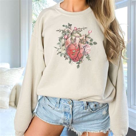 Watercolor Floral Anatomical Heart Crewneck Sweatshirt Womens Human