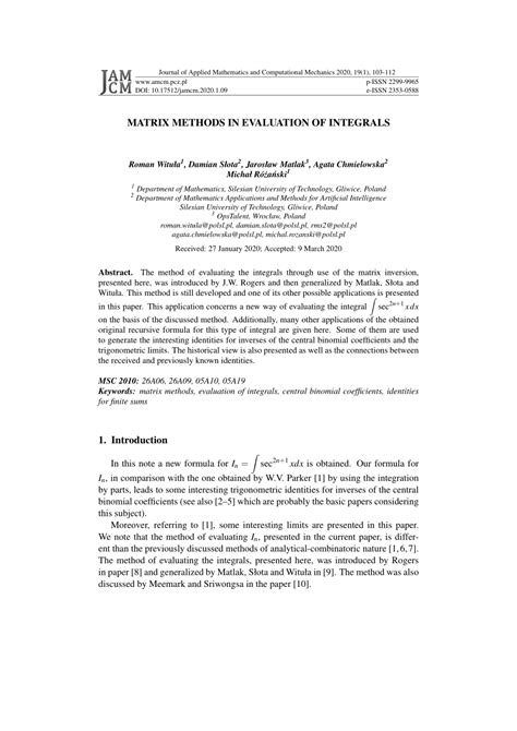 Pdf Matrix Methods In Evaluation Of Integrals