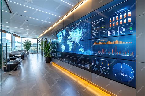 A Large Wall Of Monitors Displaying Various Graphs And Charts Premium