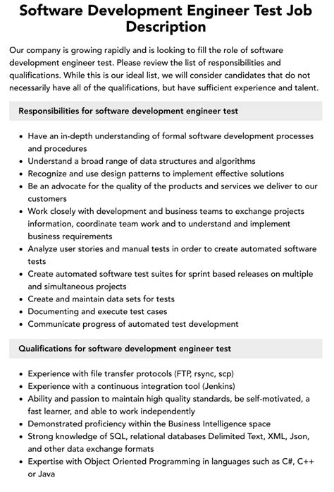 Software Development Engineer Test Job Description Velvet Jobs