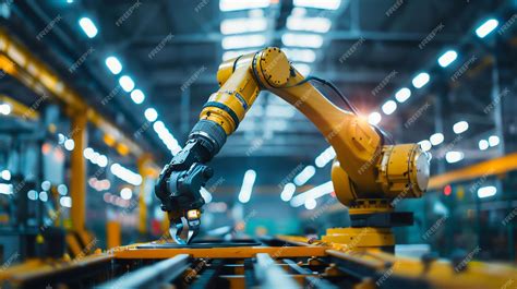 Yellow Robotic Arm Working On An Assembly Line In A Modern Factory