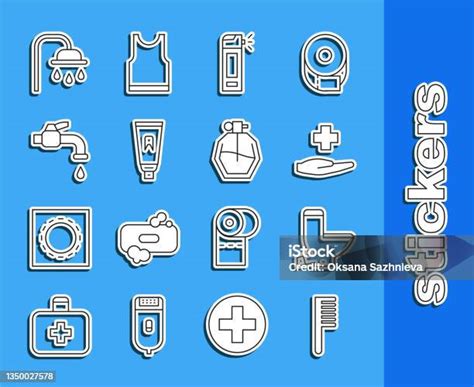 세트 라인 헤어 브러시 화장실 그릇 크로스 병원 의료 노즐 스프레이 병 치약 튜브 물 수도꼭지 샤워 헤드와 향수 아이콘 벡터 1위에 대한 스톡 벡터 아트 및 기타 이미지