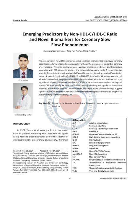 PDF Emerging Predictors By Non HDL C HDL C Ratio And Novel Biomarkers For Coronary Slow Flow